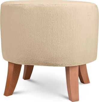 MG Design Ovaler Kunstfell-Hocker 42 x 52 cm in Beige mit Holzbeinen - Gepolsterter Fu&szlig;hocker f&uuml;r Wohnzimmer oder Schlafzimmer