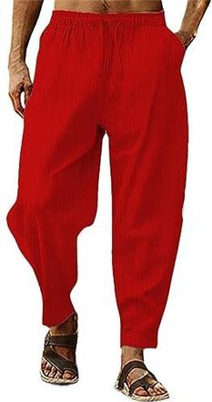 Generic Pantalon en lin pour homme - Blanc - Ray&eacute; - Pantalon de loisirs - Respirant - Pantalon de yoga baggy - Avec poches - Pantalon chino avec &eacute;lastique - P