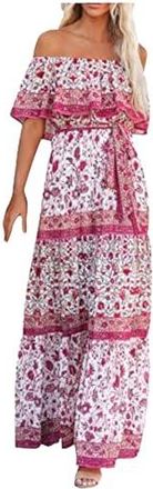 Generic Robe boh&egrave;me 2026 pour femme, robe longue &agrave; &eacute;paules d&eacute;nud&eacute;es avec imprim&eacute; floral - Tenue de plage longue et &eacute;l&eacute;gante et d&eacute;contract&eacute;e, rose, 3XL