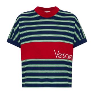 Versace Femme, Tops, Bleu, Taille: 38 FR T-shirt en coton &agrave; rayures intarsia et logo brod&eacute;