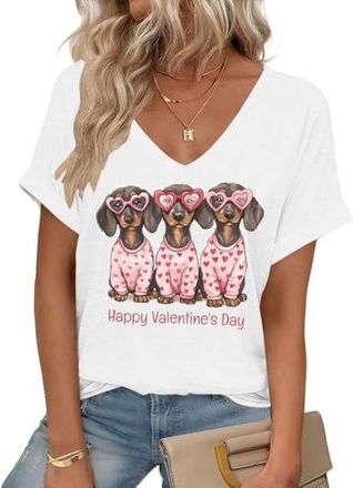 Generic T-shirt de Saint-Valentin pour femme | Coeur de chien, T-shirt &agrave; manches courtes et col en V | V&ecirc;tements tendance | Pour les voyages et les loisirs, b
