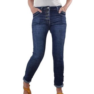 Jewelly Jean stretch - Coupe Baggy Boyfriend - Pantalon pour femme avec boutonni&egrave;re d&eacute;corative - Ajustement parfait, bleu fonc&eacute;, XS