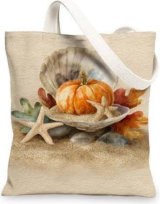 Generic Seashell Sacs en toile réutilisables avec motif citrouille et étoiles de mer, style vintage côtier, légers, lavables, beige, 13x15 Inch