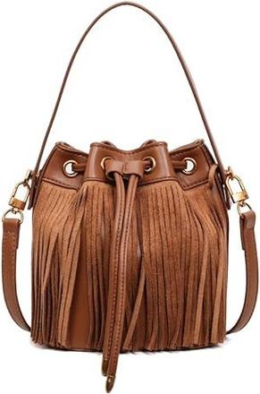 Generic Sac &agrave; main fourre-tout d&eacute;contract&eacute; en daim synth&eacute;tique avec cordon de serrage et pompons, sac &agrave; main &agrave; bandouli&egrave;re de couleur unie en polyur&eacute;thane pou