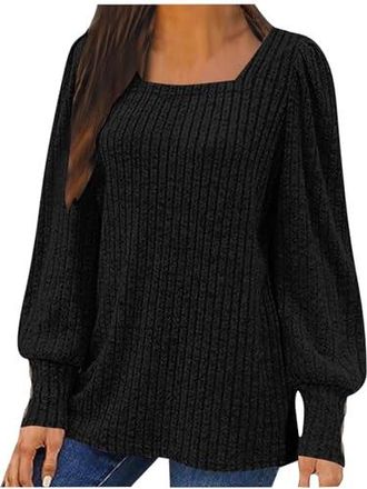 Generic Pull &agrave; manches longues pour femme - Col carr&eacute; - Tunique boutonn&eacute;e &agrave; manches longues - Sweat-shirt l&eacute;ger &agrave; manches bouffantes, noir 1, XXL