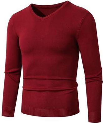Generic DENGJIAMY Pull à col en V pour homme - Solide et décontracté - Tendance - Classique - Uni - Manches longues - Hauts dautomne pour hommes, Rouge, 3XL