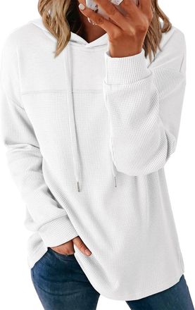 Dokotoo Kapuzenpullover Damen Hoodie Langarm Waffel Pullover mit Taschen Kordelzug Sweatshirt Strukturierter Stoff Oberteil Einfarbig Langarmshirt L&auml;ssig Ober