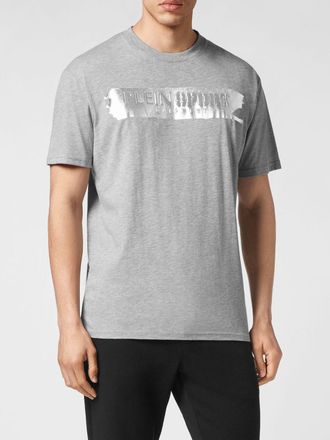 Plein Sport T-shirt &agrave; col rond en coton avec logo lamin&eacute; contrastant