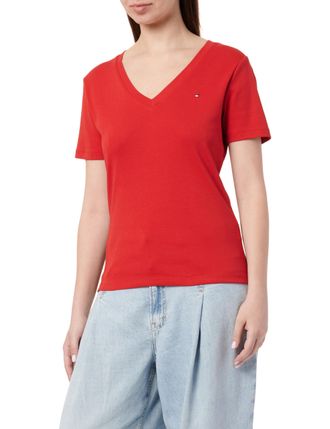 Tommy Hilfiger Damen T-Shirt Kurzarm New Slim Cody V-Ausschnitt, Rot (Primary Red), S