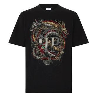 Philipp Plein Homme, Tops, Noir, Taille: M T-Shirt Col Rond Dragon