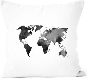 Autiga Kissenbezug Weltkarte Wasserfarben Watercolor World Map Kissen-H&uuml;lle Deko-Kissen Baumwolle wei&szlig;-schwarz Unisize