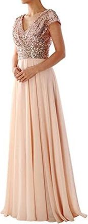 Onsoyours Robe De Soirée en Mousseline Robe Longue Femme Couleur Unie Col en V Chic Et Elegant Robe De Soirée Manches Courtes Maxi Robe Femme De Cocktail N Beig