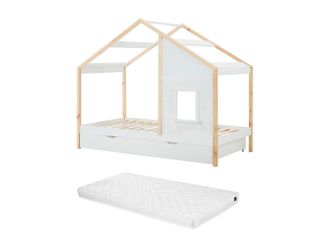 Vente-Unique H&auml;uschenbett 90 x 190 cm - Mit Schublade + Matratze - Kiefer & MDF - Wei&szlig;/Natur - RINELYA