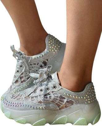 Minetom Sneakers Damen Pailletten Mesh Hohl Flache Sneaker Atmungsaktiv Glitzer Turnschuhe Outdoor Sportschuhe Laufschuhe Schuhe Schn&uuml;rsenkel Walkingschuhe A 