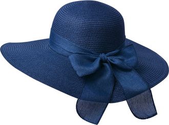 Miobo Damen Strohnut Sonnenhut Sommer Schleife Hut Strandhut Krempenhut Schlapphut 58 Dunkelblau