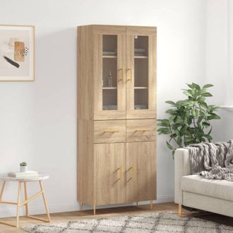 vidaXL Vidaxl - Buffet haut ch&ecirc;ne sonoma 69,5x34x180 cm - Bois ding&eacute;nierie - Pieds en m&eacute;tal - Grand espace de rangement moderne