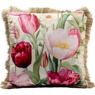 Kare Design Kissen Tulips, Mehrfarbig, 45x45 cm, Abnehmbarer Bezug mit Rei&szlig;verschluss, Motiv Blumen, Mit Fransenkanten, Dekokissen inklusive F&uuml;llung, Zierkissen, 