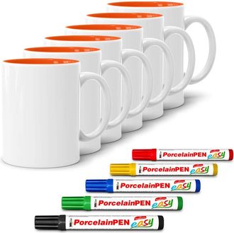 Tassendruck Bastel-Tassen ohne Druck zum Bemalen aus Hochwertiger Keramik Einzeln oder im Set/Mug/Cup/Becher/Pott - Innen Orange 6er Set mit Porzellanmalstifte