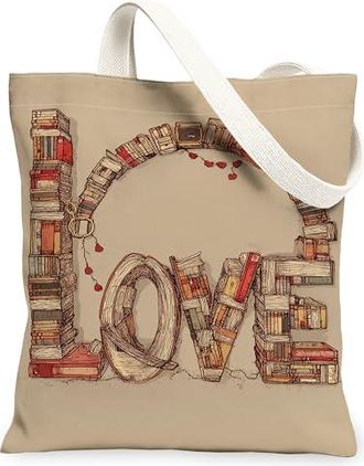 Generic Sacs fourre-tout vintage en toile, motif livres damour, sacs d&eacute;picerie l&eacute;gers, lavables et r&eacute;utilisables pour le shopping, les voyages, la plage, beig