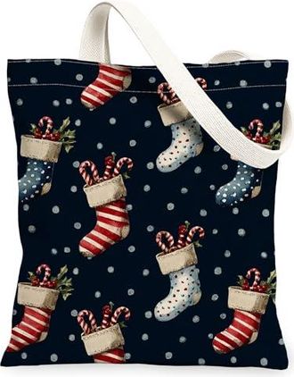 Generic Sacs fourre-tout en toile de No&euml;l, joli motif de chaussette r&eacute;utilisable, sacs d&eacute;picerie vintage, l&eacute;gers et lavables en toile pour les vacances, le sh