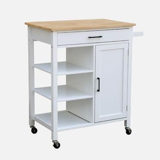 Sweeek Desserte de cuisine blanche BENDOR plateau en bois dhévéa. 83 x 47 x 91 cm. 1 poignée. 4 roues. 1 tiroir. 5 étagères. 1 porte. style contemporain