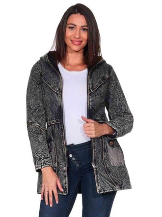 Kunst und Magie Langjacke Vintage Damen Kurz Mantel + Kapuze Stonewashed Jacke Baumwolle Boho Vintage Stonewashed