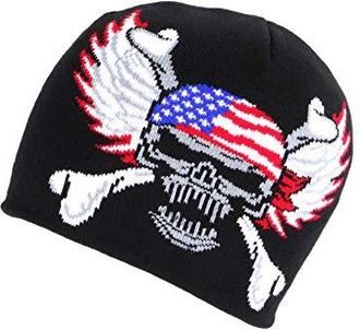 Nyls Création Bonnet Biker Tete de Mort et Ailes Aigle Drapeau USA en Laine - Mixte