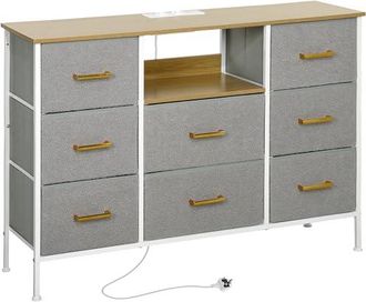 HOMCOM Commode avec 8 tiroirs tapiss&eacute;e en tissu avec station de charge port USB Type-C et structure en acier confortable pour chambre couloir Gris