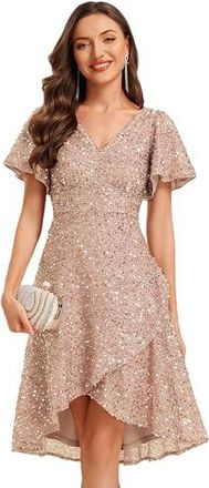 Ever-pretty Robe de Soirée Femme en Paillettes Court V Col Manches Volantes Asymétrique Champagne 42