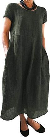 Onsoyours Femme Robe Longue &Eacute;t&eacute; Boheme Lin Manches Courtes Chic Ample D&eacute;contract&eacute;e Couleur Unie Maxi Robe avec Poche Lat&eacute;rales B Arm&eacute;e Verte 3XL