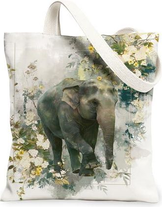 Generic Sacs fourre-tout vintage en toile motif &eacute;l&eacute;phant artistique, sacs de courses r&eacute;utilisables, l&eacute;gers et lavables avec bandouli&egrave;re, blanc, 13x15 Inch