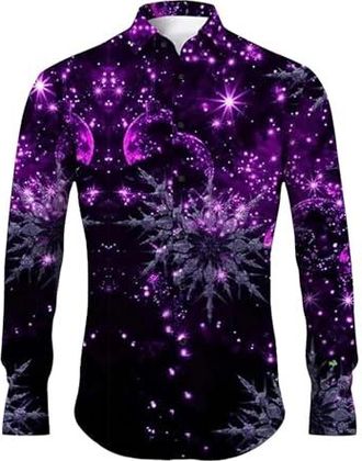 Generic Chemises de Noël amusantes pour homme - Flocons de neige - Imprimé numérique en 3D - Décontracté - Revers boutonné - Manches longues - T-shirt de Noël