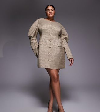 Asos Curve - Robe courte boutonn&eacute;e effet sculptant &agrave; carreaux avec manches cocon - Marron-Brown