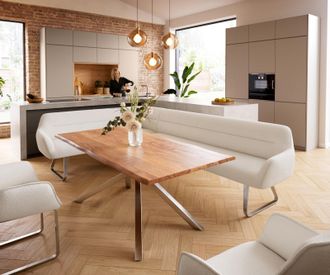 DELIFE Esszimmerbank Taya-Flex 285x190 cm Boucl&eacute; Creme-Wei&szlig; Kufengestell flach Edelstahl Taschenfederkern Rechts, B&auml;nke