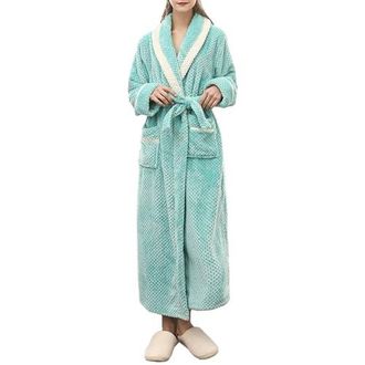 Generic Peignoir Femme Polaire Douce Longue Manches Longues V Col Ceinture à Nouer avec Poches Color Block