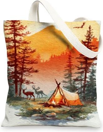 Generic Sacs fourre-tout en toile de nature, scène de camping artistique, sacs dépicerie réutilisables, légers et lavables avec bandoulière pour lextérieur, l