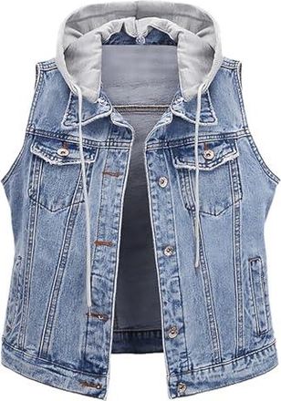 Generic Gilet à capuche en jean pour femme, veste en jean décontractée sans manches, gilet léger et tendance pour femme, gilet en jean boutonné, gilet en jean