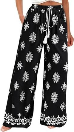 Generic Pantalon palazzo imprim&eacute; boh&egrave;me pour femme - Taille &eacute;lastique - L&eacute;ger - Pour l&eacute;t&eacute;, les vacances, la plage, les voyages, le yoga, le quotidien, les fes