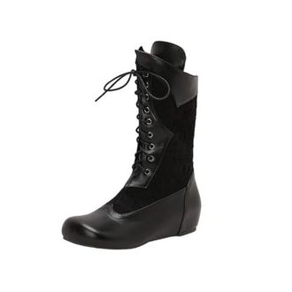 Generic Bottes mi-mollet pour femme - Talon plat - Style d&eacute;contract&eacute; - Style r&eacute;tro - Confortable - &Agrave; lacets - Avec augmentation interne, Noir, 38.5 EU
