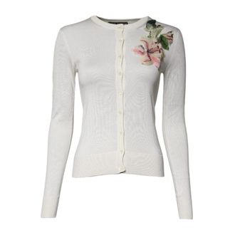 Dolce & Gabbana Femme, Pulls, Beige, Taille: 32 FR Cardigan en mélange de soie à motif floral