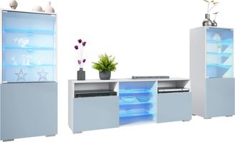 Vladon Wohnwand Granada, Anbauwand bestehend aus 2 Vitrinen und 1 TV-Board, Weiß matt/Denim matt inkl. LED-Beleuchtung (286 x 122,5 x 35 cm)