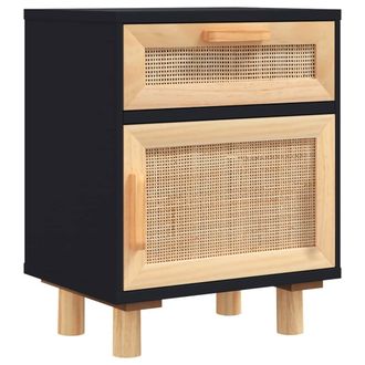 Generic vidaXL Nachttisch 1 Schublade 1 Fach Nachtschrank Nachtkonsole Nachtkommode Schlafzimmer Schrank Kommode Schwarz Massivholz Kiefer Natur-Rattan