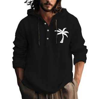 Generic Chemise en lin pour homme - Coton et lin - Sweat &agrave; capuche - Boutonni&egrave;re - Manches longues - Sweat-shirt l&eacute;ger et respirant - Chemise d&eacute;t&eacute; surdimensio