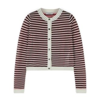 Motivi Gestreifter Strickcardigan mit Lochmuster - - Knitwear - Damen - Wei&szlig; - S