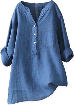 Generico Chemise d&eacute;t&eacute; pour femme en coton et lin avec boutons, mode, couleur unie, chemisier col en V, t-shirt &eacute;l&eacute;gant basique pour f&ecirc;te, t-shirt d&eacute;contract&eacute;, 