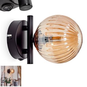 HOFSTEIN Wandleuchte Chehalis, Wandlampe aus Metall/Riffelglas in Schwarz/Bernstein, Leuchte im modernen Retro/Vintage-Design mit Schirm aus Glas (Ø 12cm) u. A