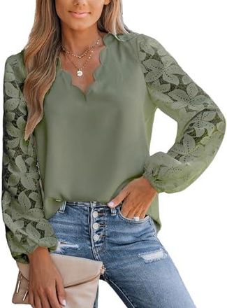 Cupshe Chemisier élégant pour femme en dentelle florale festonnée, à manches longues, col en V, vert, X-Large