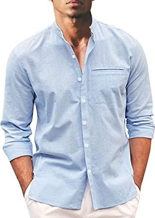 Generic Chemise de plage en lin blanc &agrave; manches longues pour homme - Chemise boutonn&eacute;e grande taille - Chemise blanche en coton pour homme - T-shirt en coton 