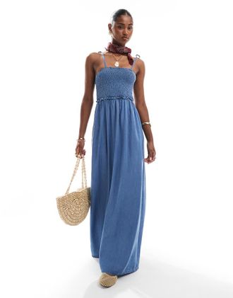 Only Robe babydoll longue en denim - Bleu moyen