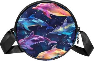 Generic Sac &agrave; bandouli&egrave;re rond pour femme, petit sac &agrave; bandouli&egrave;re motif dauphins avec fermeture &eacute;clair, bretelles r&eacute;glables, sac &agrave; main rond d&eacute;contract&eacute; pour